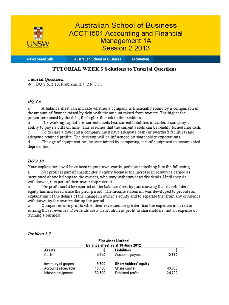 Acct1501 Tutorial Questions Solutions Week3 | PDF | Balance Sheet ...
