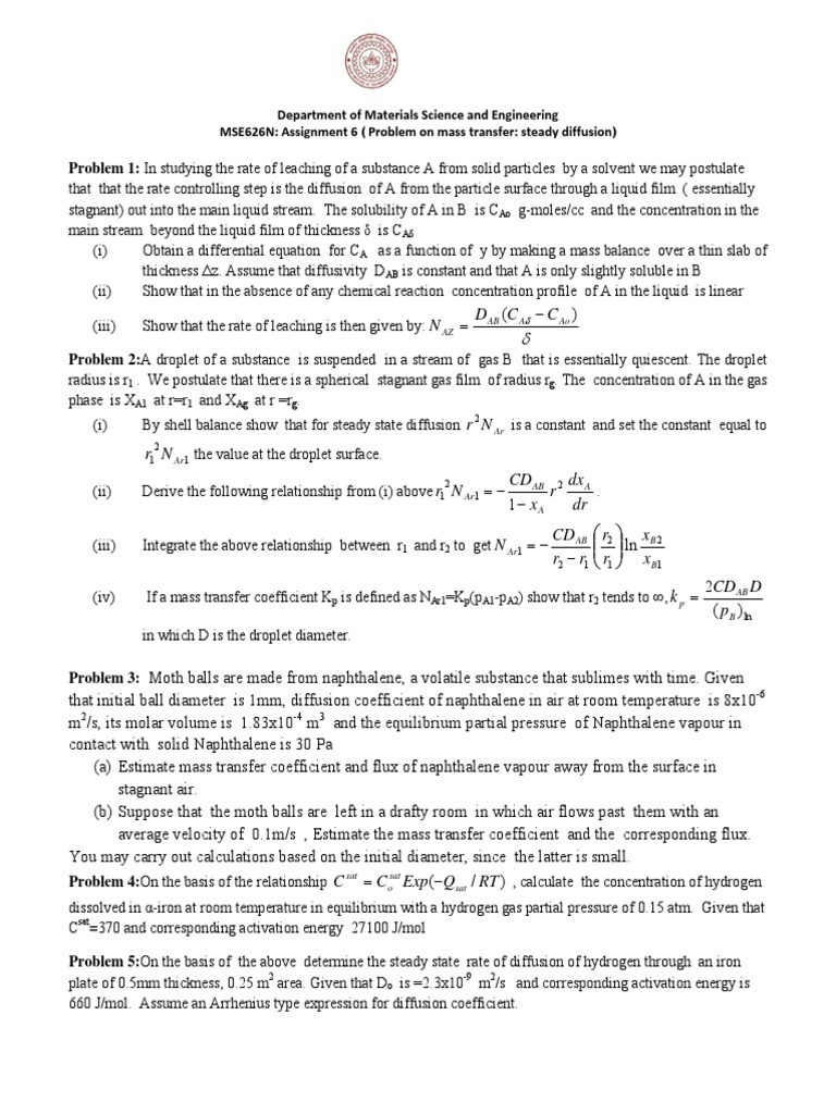 Diffusion Of Various Substances Problems Involving Mass Transfer