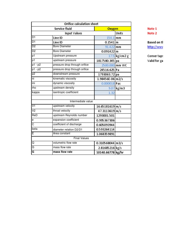 Orifice Calculation Sheet Service Fluid Oxygen: Note 1 Note 2 | PDF