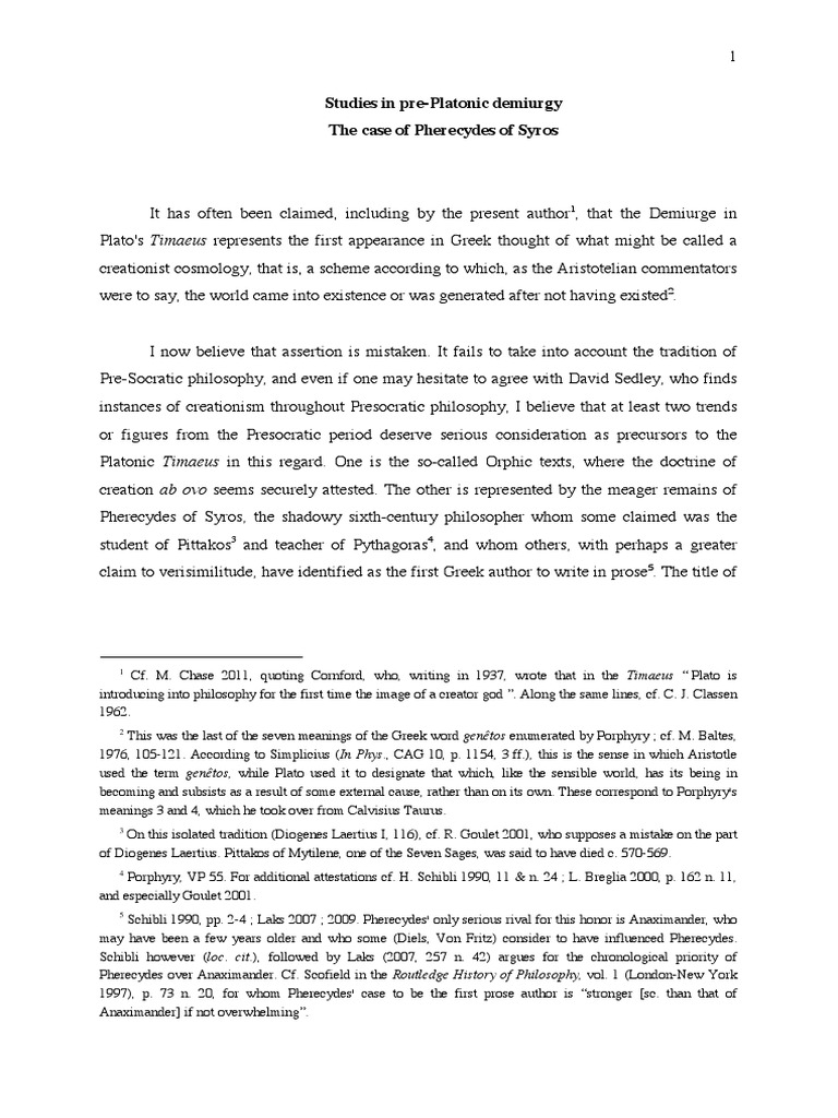 Pre-Platonic Demiurgy. The Case of Pherecydes of Syros | PDF ...