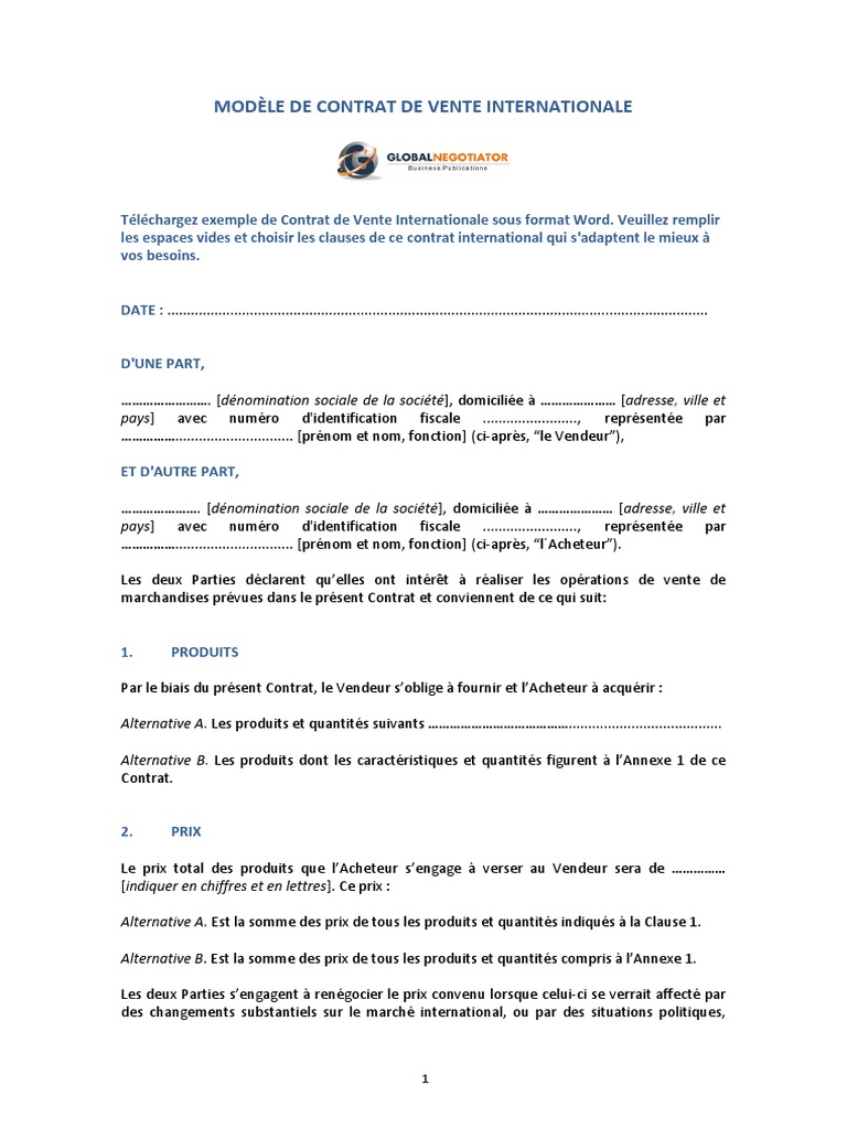 MODELE DE CONTRAT DE VENTE INTERNATIONALE | Arbitration | Sodles