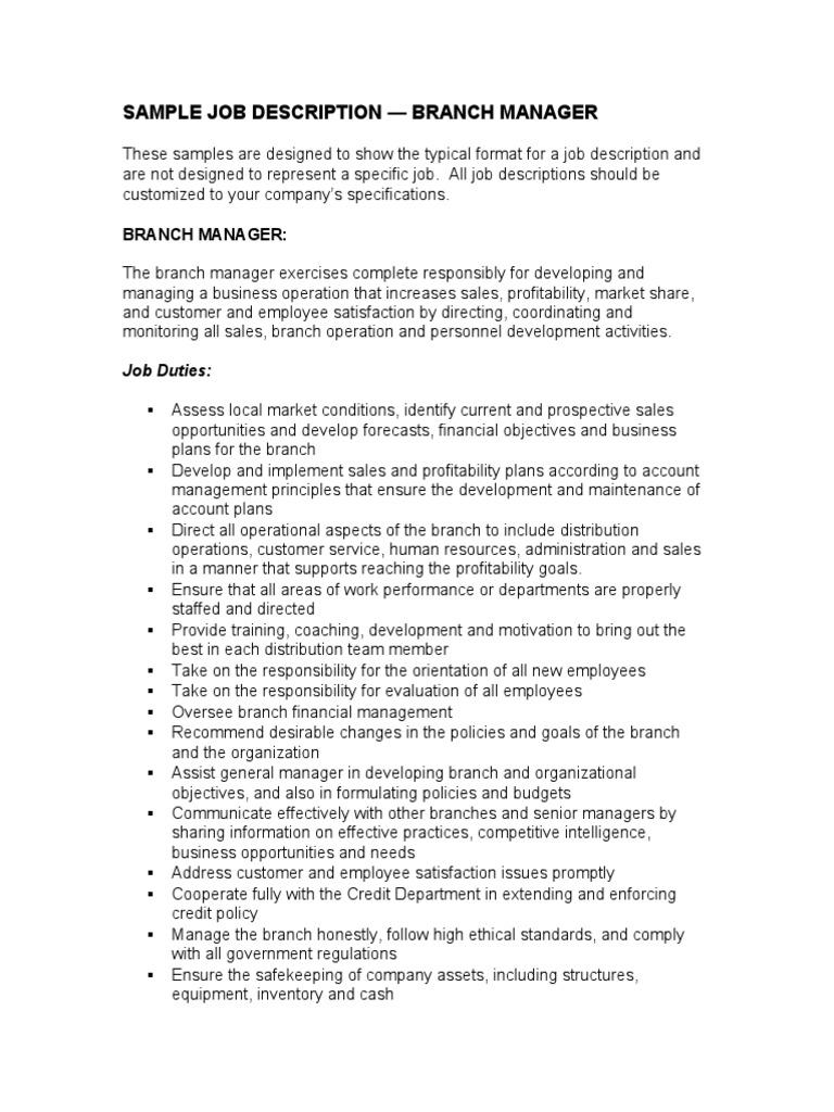 Sample Job Description - Branch Manager | PDF | Competence (Human Resources) | Employment