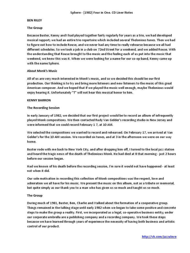CD Liner Notes. Sphere - (1982) Four in One | PDF | Performing Arts ...