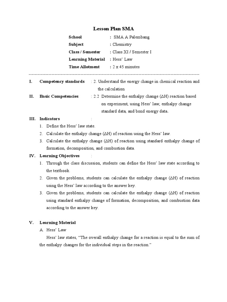 Lesson Plan Hess Law 90 - From MR - Tono | PDF | Enthalpy | Chemistry