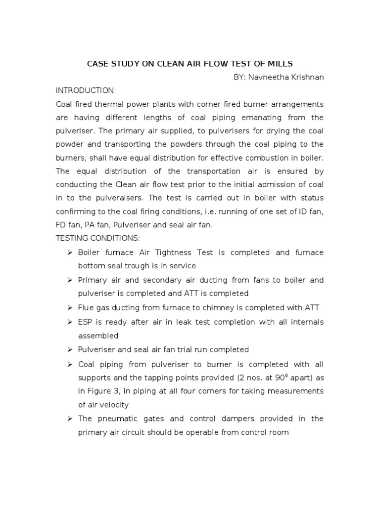 Case Study On Clean Air Flow Test of Mills | PDF | Furnace | Boiler