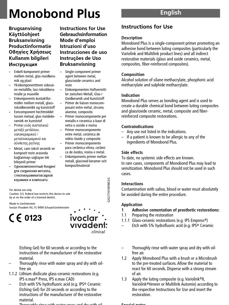 Monobond Plus - Instructions For Use | PDF | Water | Materials