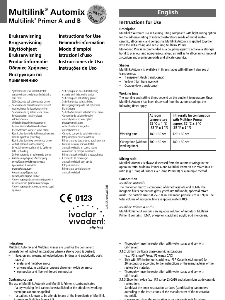 Multilink Automix Instructions for Use | Chemistry | Materials