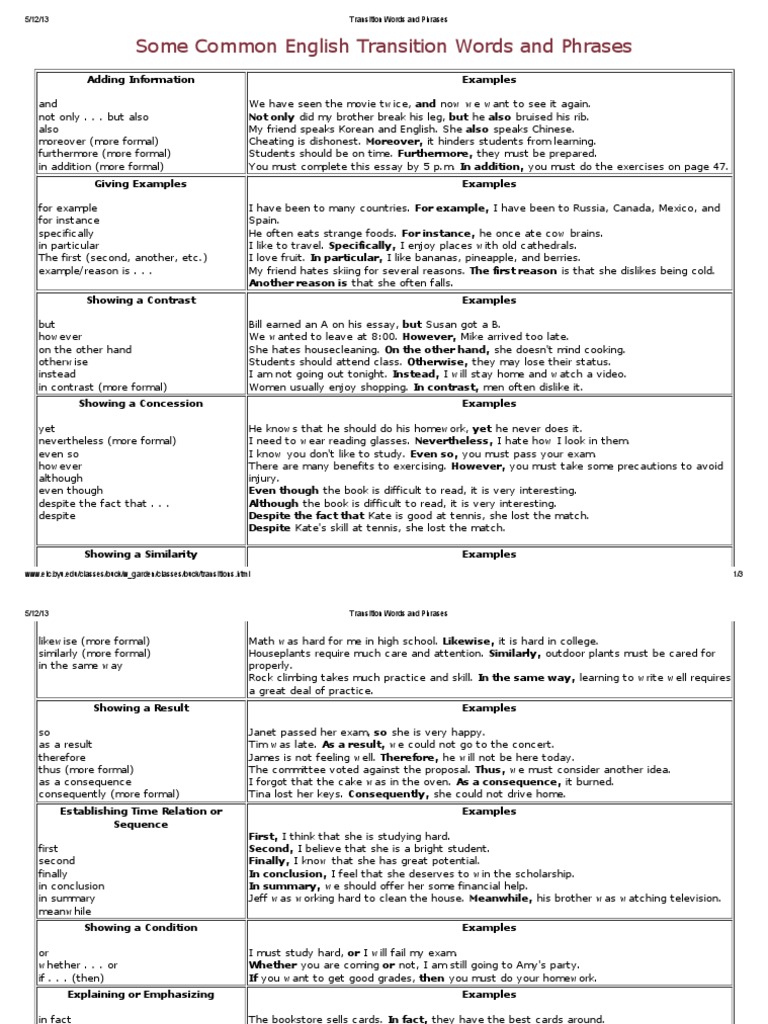 Transition Words and Phrases | PDF | Comma | Sentence (Linguistics)