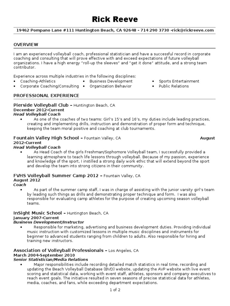 Rick Reeve Resume 2013 (Coaching) | PDF