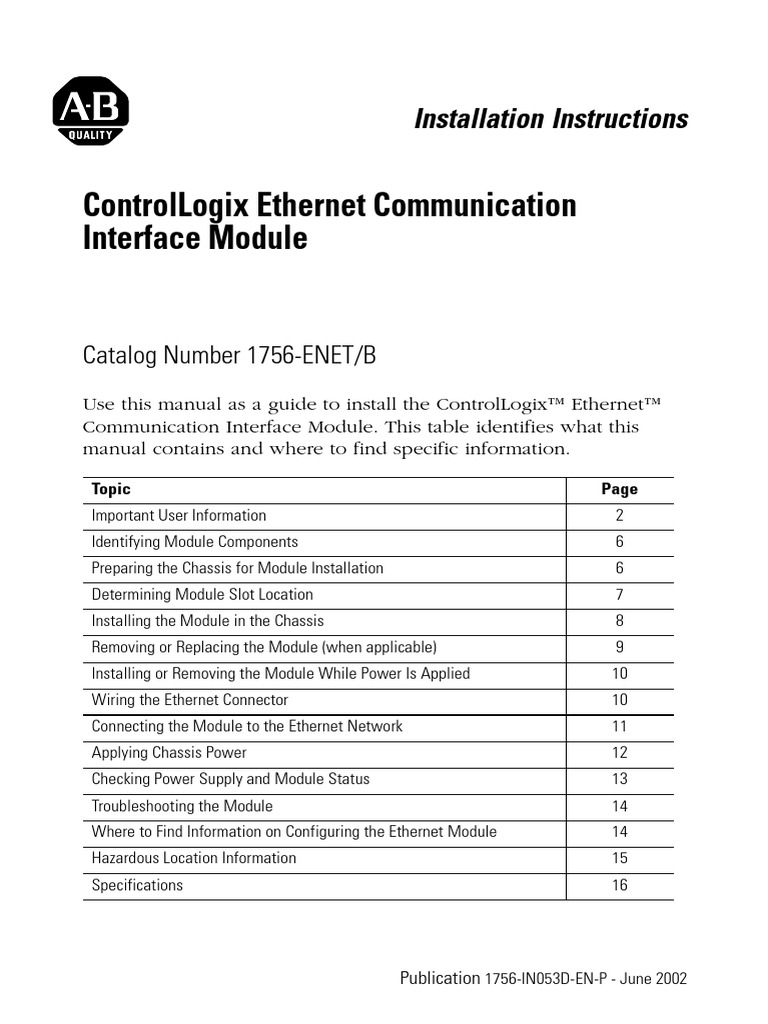 Controllogix Ethernet Communication Interface Module Installation Instructions Pdf