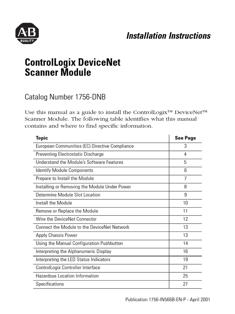 Controllogix Devicenet Scanner Module: Installation Instructions | PDF ...
