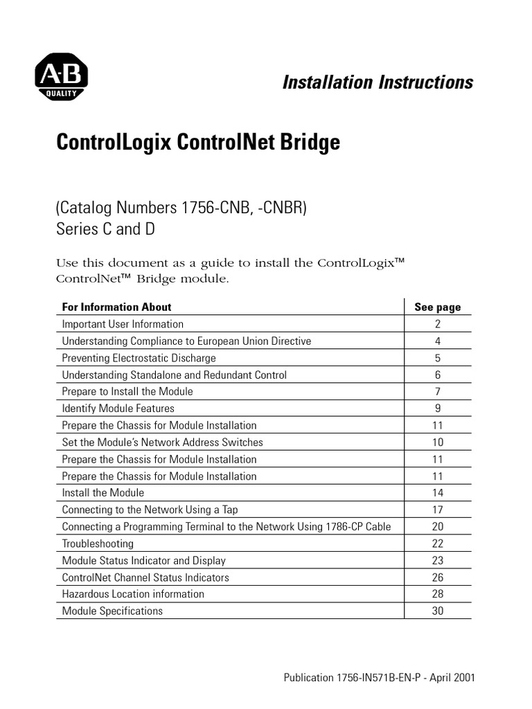 Controllogix Controlnet Bridge: Installation Instructions | PDF ...