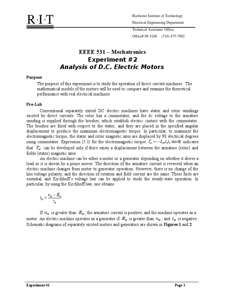 Analysis of D.C. Electric Motors: EEEE 531 - Mechatronics Experiment #2 ...