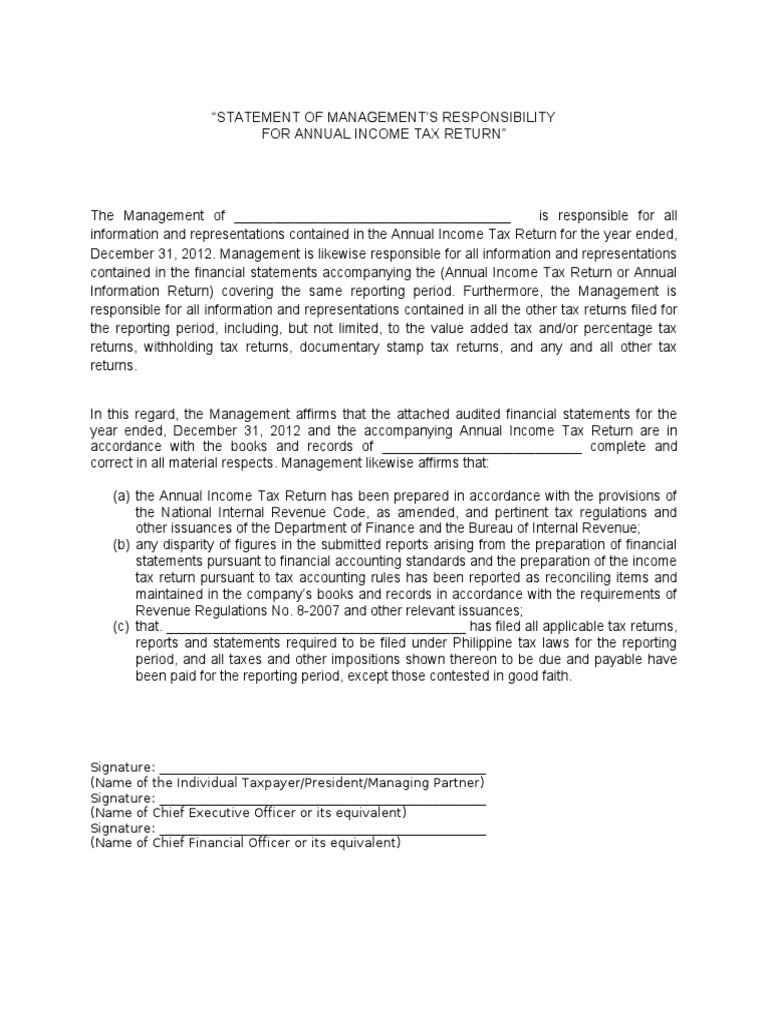 Statement of Management Responsibility (Not Personally Owned) | PDF ...