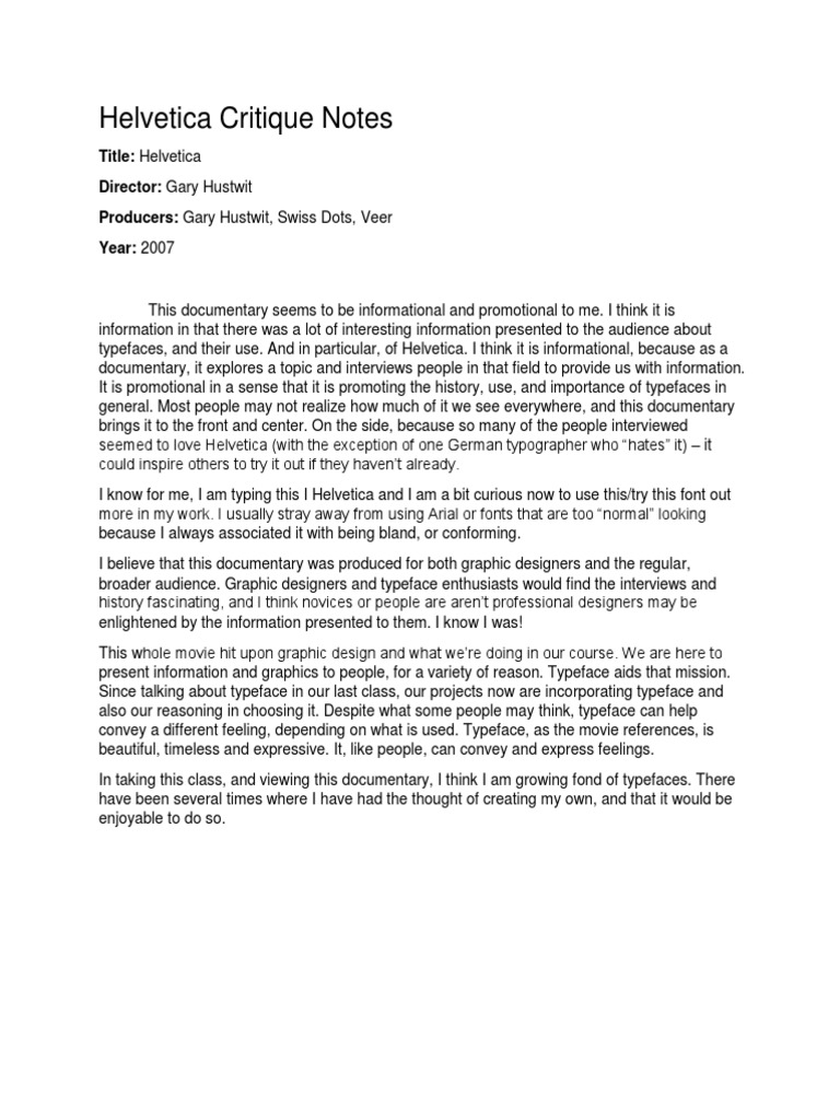 Helvetica Critique Notes | PDF | Helvetica | Typefaces