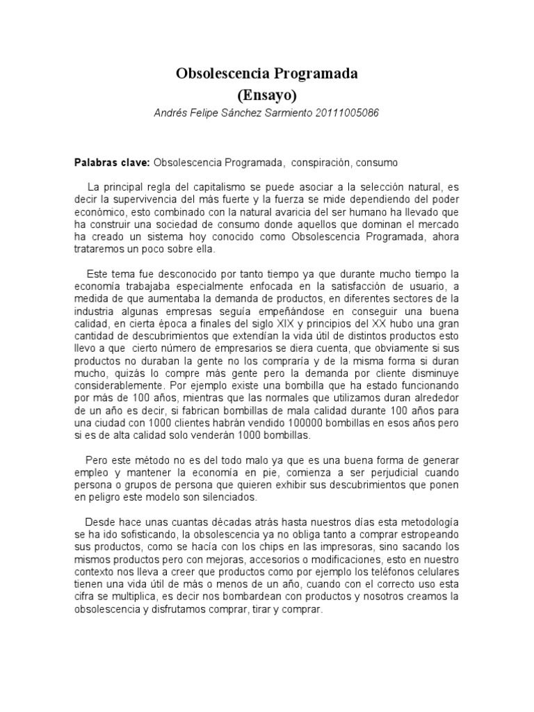 Ensayo - Obsolescencia Programada | PDF | Calidad (comercial) | Internet