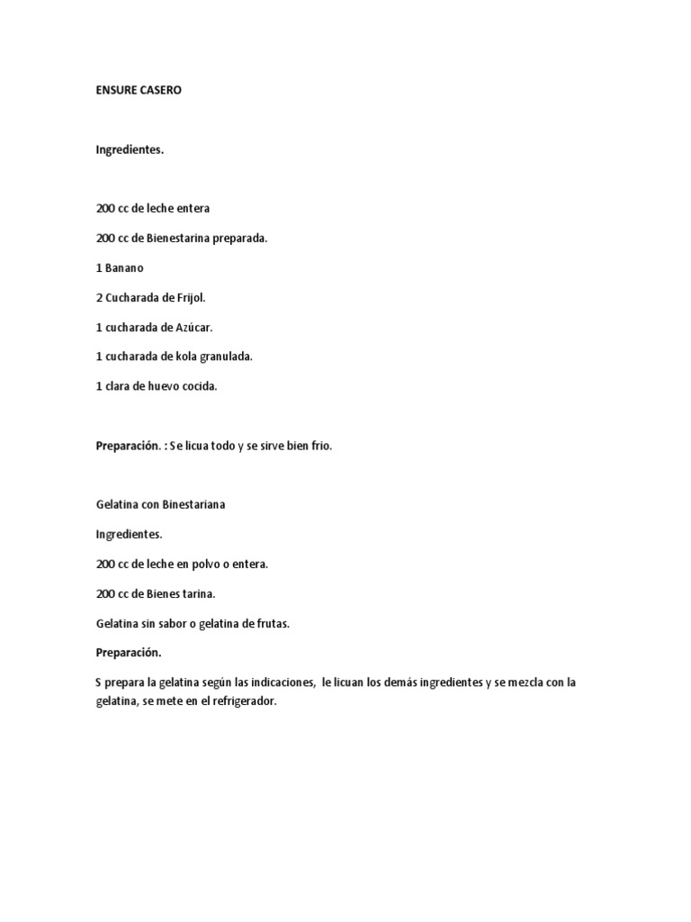 Recetas de Ensure Casero y Gelatina | PDF | Preparación de comida y ...