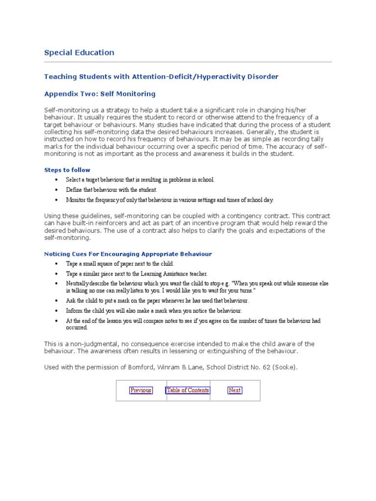 Self-Monitoring Checklist For Adhd From BC Ministry of Education | PDF ...
