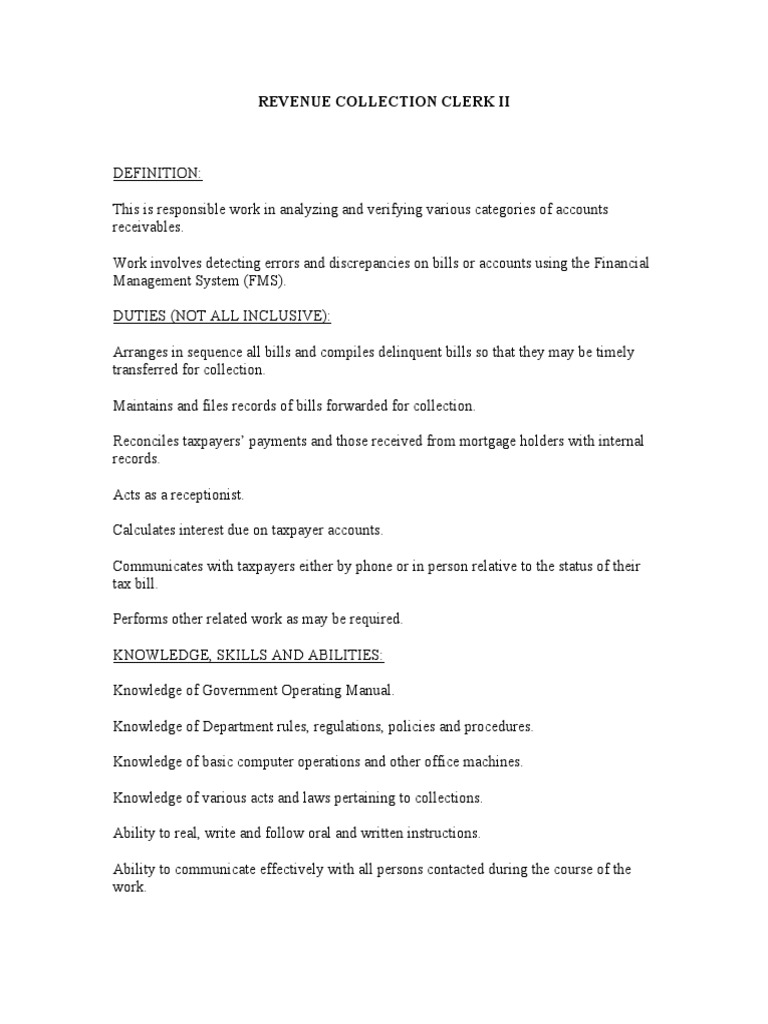 Revenue Collection Clerk II | PDF | Finance & Money Management