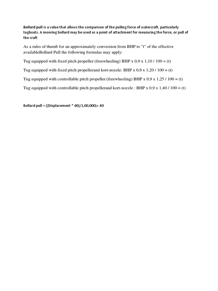 Bollard Pull Calculation for Tugboats | PDF | Teaching Methods & Materials
