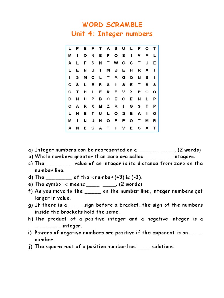 Integer Numbers Word Scramble Quiz | PDF | Art