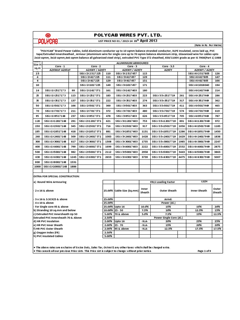 Polycable Power Cable 2013 | PDF | Wire | Electrical Conductor