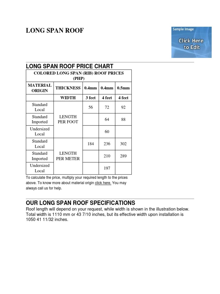 Long Span Roof Width Specifications | PDF