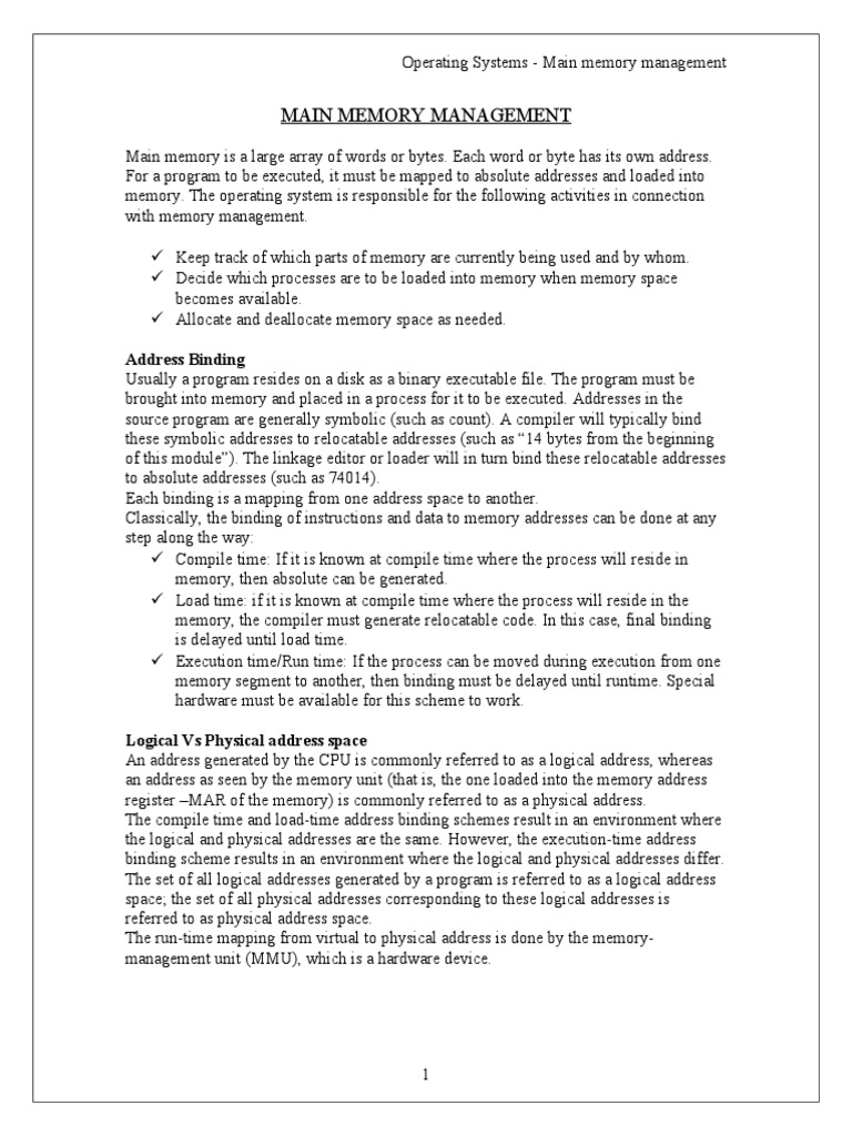 Main Memory Management | PDF | Computer Data Storage | Operating System