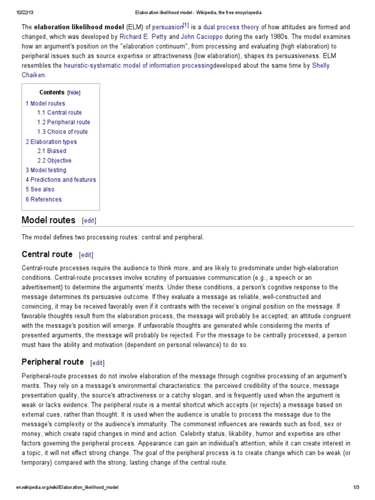 Elaboration Likelihood Model | PDF | Persuasion | Psychology