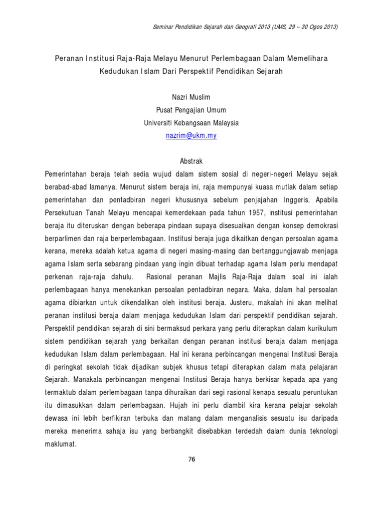 Peranan Institusi Raja-Raja Melayu Menurut Perlembagaan Dalam ...