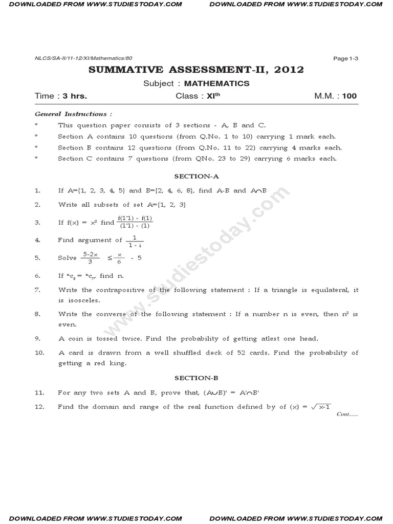 CBSE Class 11 Mathematics Question Paper SA2 2012 | PDF | Trigonometric ...
