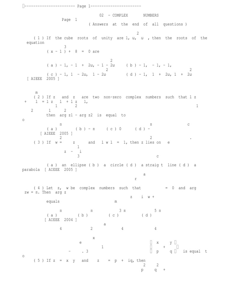 Mathematics Complex Number MCQ | PDF | Complex Number | Triangle