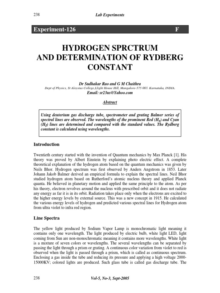 Determining the Rydberg Constant in Hydrogen | PDF | Electromagnetic ...