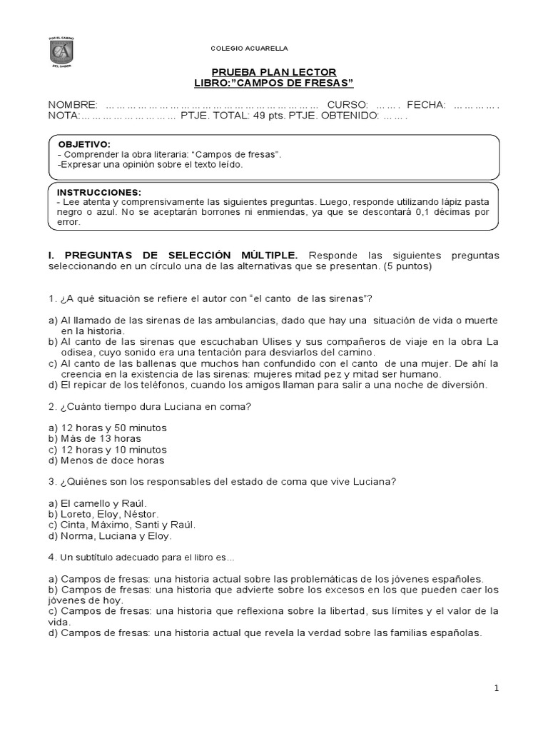 Prueba de comprensión: Campos de fresas | PDF | Sirena