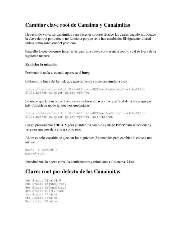 Cambiar Clave Root de Canaima y Canaimitas | PDF | Contraseña | Arranque