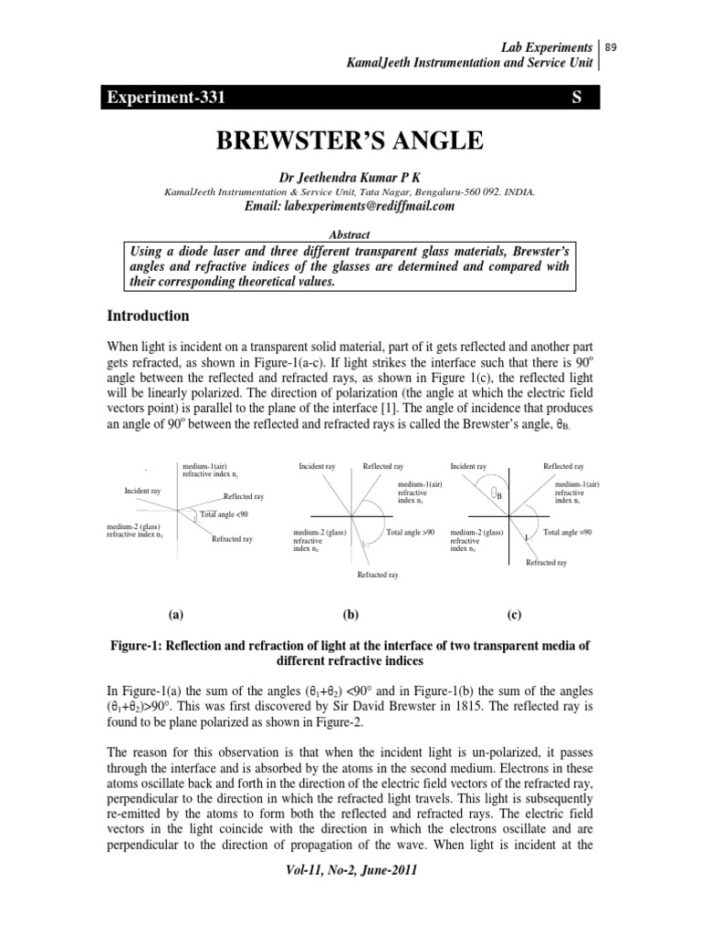 Brewsters Angle | PDF | Refractive Index | Polarization (Waves)