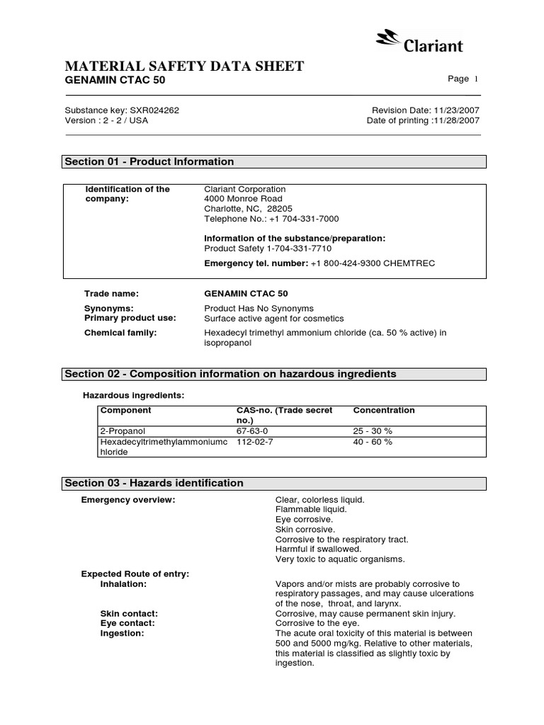 MSDS Genamin | PDF | Toxicity | Personal Protective Equipment