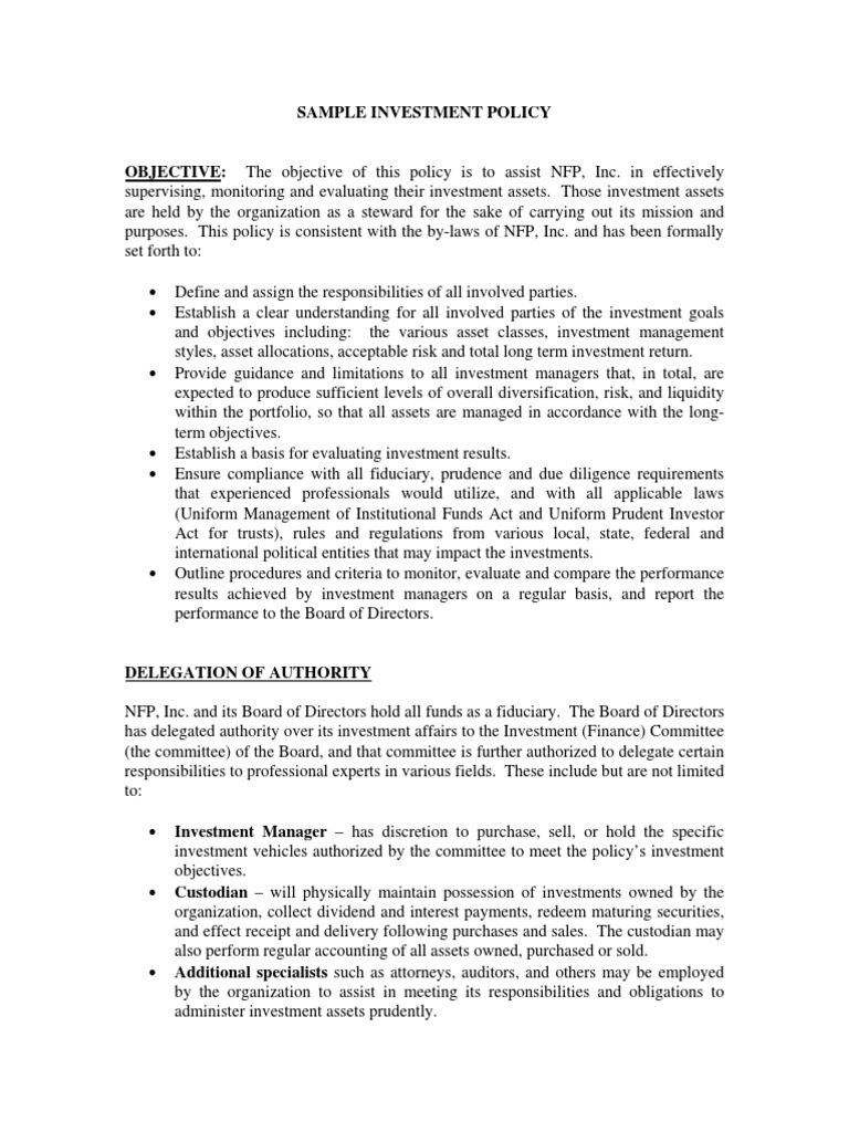 Sample Investment Policy | PDF | Investment Management | Asset Allocation