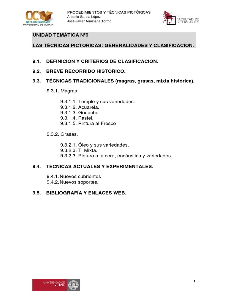 U.T. 9. Las Tecnicas Pictoricas. Generalidades y Clasificacion | PDF ...