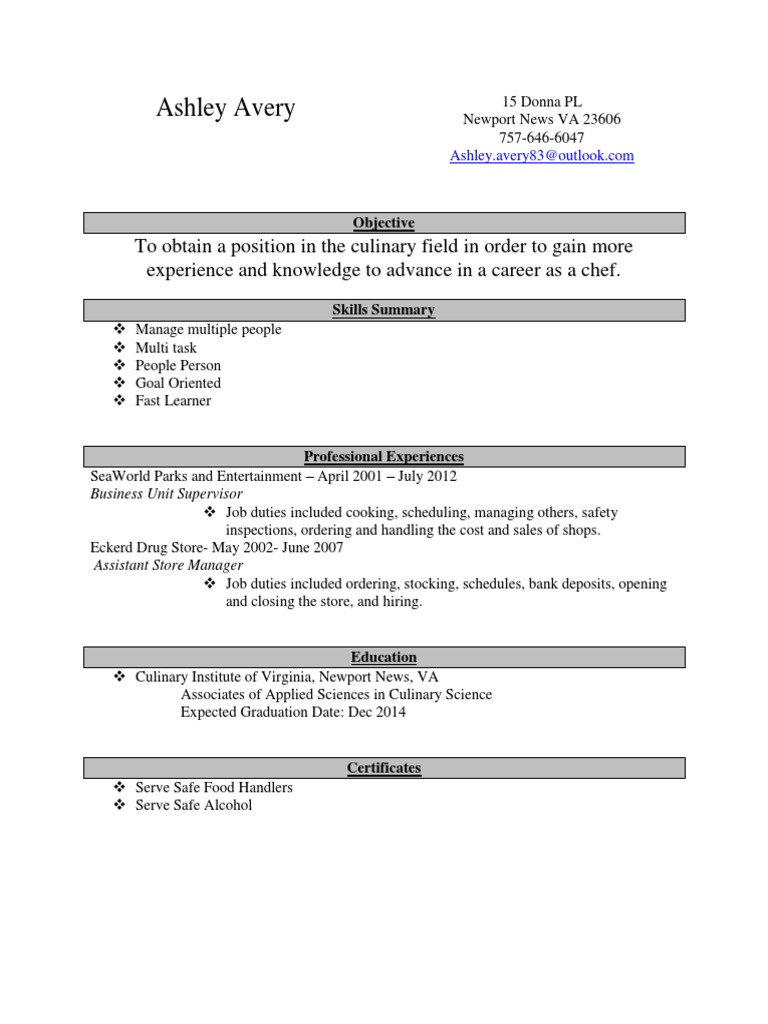 Culinary Career Resume: Ashley Avery | PDF | Career & Growth | Business