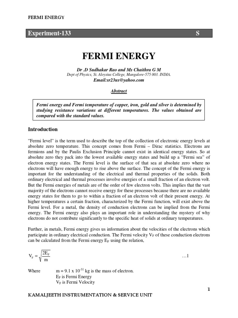 Fermi Energy | PDF | Electrical Resistivity And Conductivity | Gases