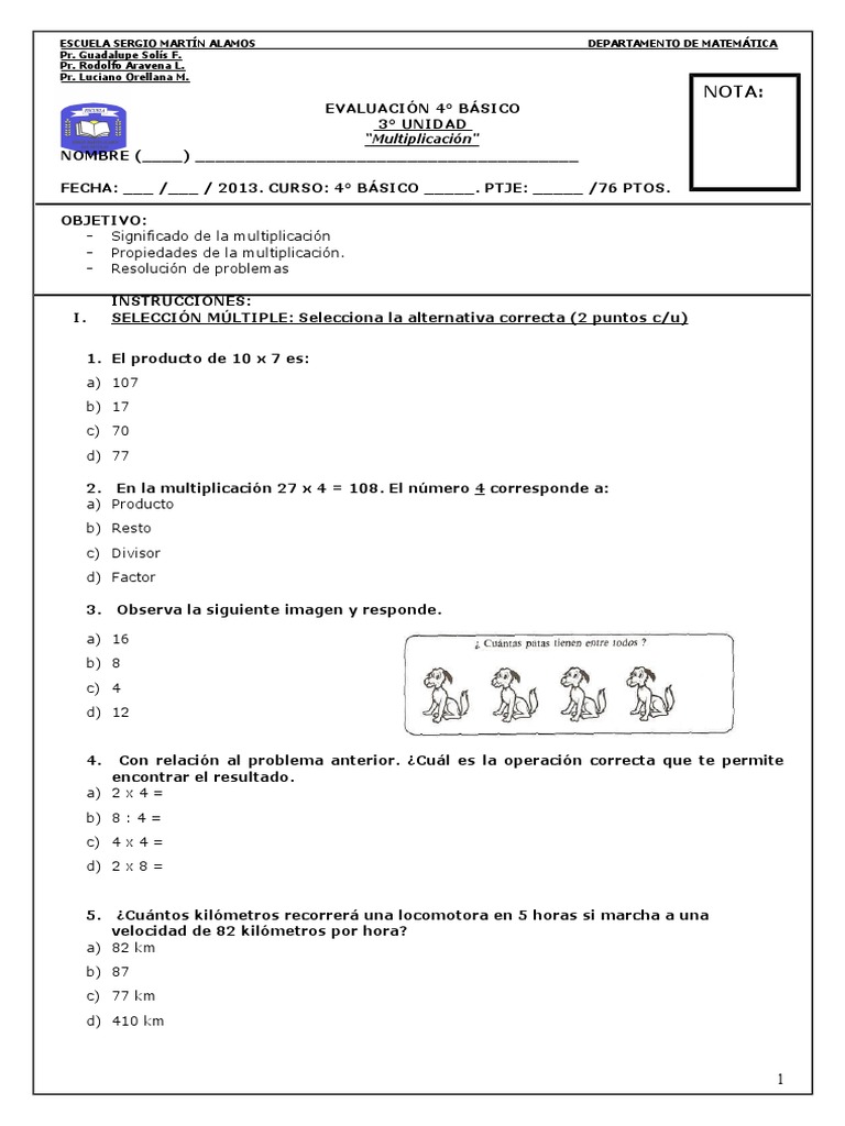 Problemas de Multiplicación 4° Básico | PDF | Multiplicación | Álgebra ...