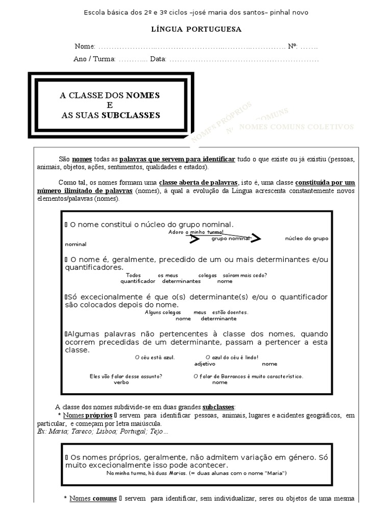 Classes e Subclasses dos Nomes | PDF | Idiomas | Natureza