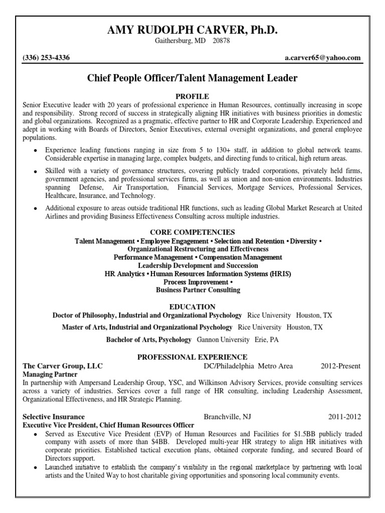 Chief Human Resources Officer in Washington DC Resume Amy Carver ...