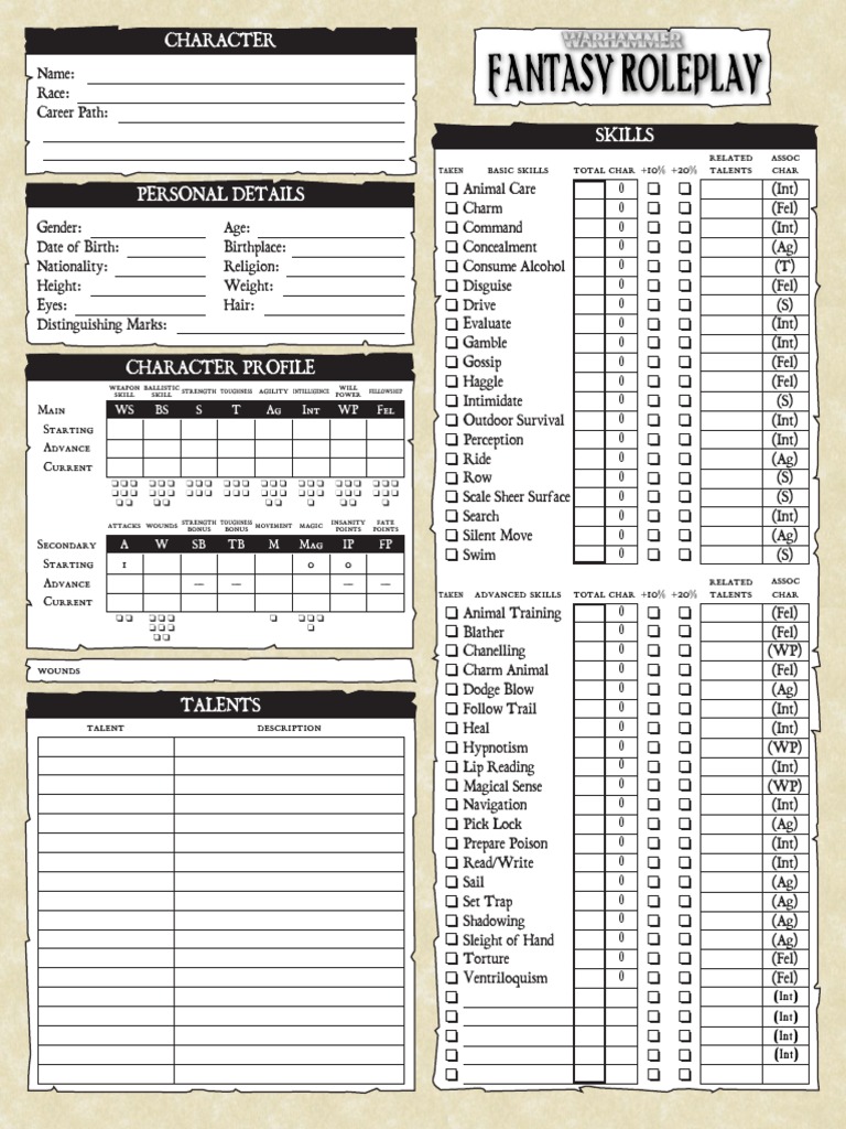 Warhammer Fantasy Roleplay 2nd Edition editable character sheet | Leisure
