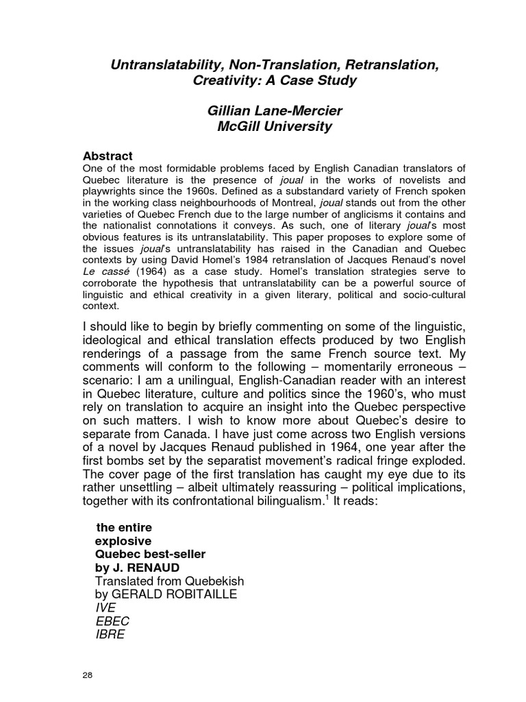 Untranslatability, Non - Translation, Retranslation, Creativity - A ...