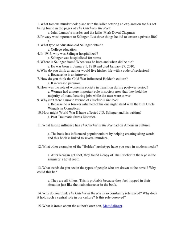 Catcher&Rye Questions | PDF | J. D. Salinger | Culture (General)