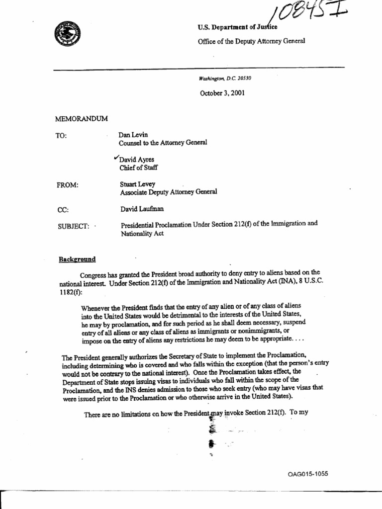 T5 B61 Condor FDR - 10-3-01 Levey Memo Re Presidential Proclamation ...