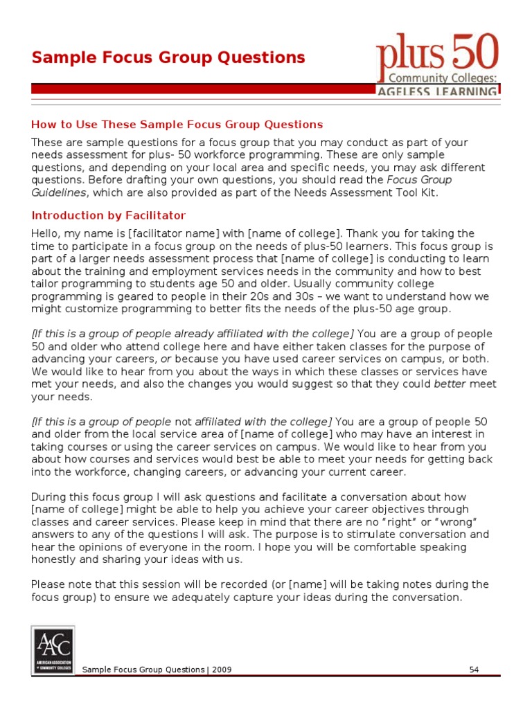 Sample Focus Group Questions | Focus Group | Needs Assessment