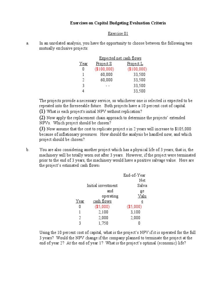 Capital Budgeting Evaluation Criteria Exercise Guide - NPV, IRR ...